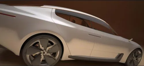 A close up look at the passenger's side rear of the Kia RWD sport sedan ...